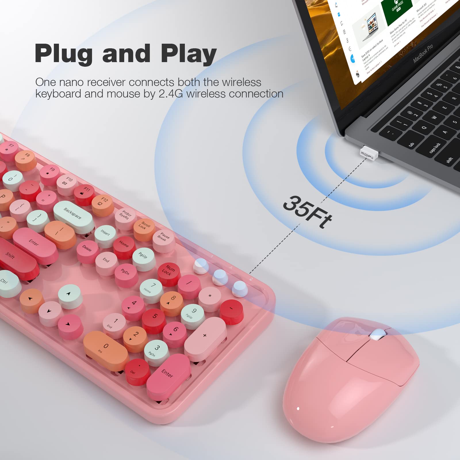 MOFII Wireless Keyboard and Mouse Combo, Pink Keyboard, 2.4GHz Retro Full Size with Number Pad & Cute Wireless Mouse for Computer PC Laptop Notebook Mac Windows XP/7/8/10 (Pink-Colorful)