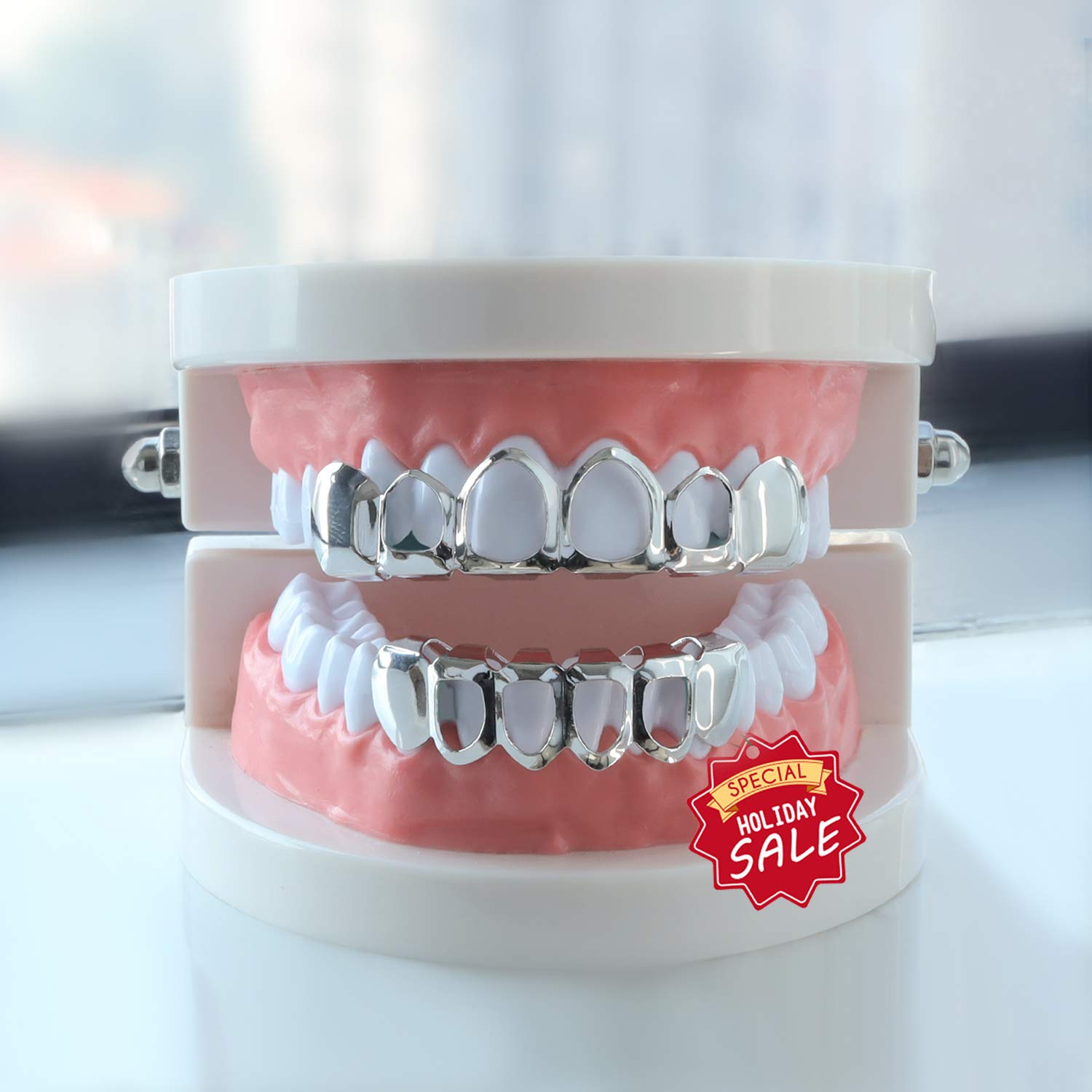 Gold Grillz Teeth Set Best gift for Son-New Custom Fit 14k Plated Silver Gold Grillz - Excellent Cut for All Types of Teeth–Open face grills caps Top and Bottom Grill Set - Hip Hop Bling Grillz