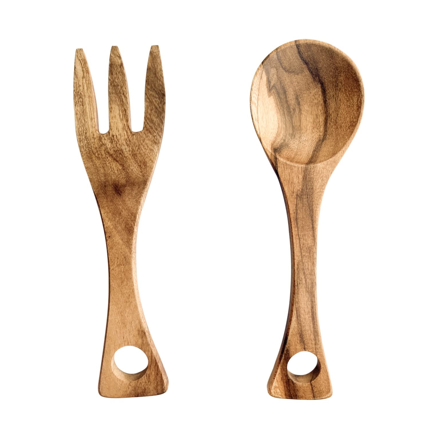 Handmade Walnut Wood Fork and Spoon Set for Kitchen - Attractive, Eco-Friendly Cooking Utensils, Salad Servers 10'' Long. Durable, Food Safe with Hanging Hole. Eco-friendly Crafted in Colombia