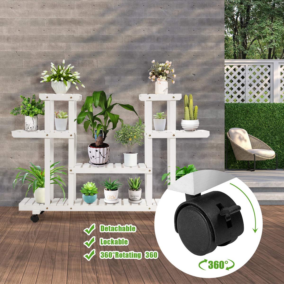 S AFSTAR Wooden Flower Rack with Wheels, 4-Tier Plant Stand, Multifunctional Bonsai Display Shelf for Living Room Balcony Patio Yard (White)