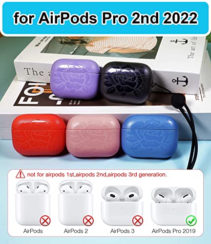 ROMSEA for AirPods Pro 2nd Generation Case Cover 2022, Rose Engraved Bling Floral Replacement Charging Case Cover for Women Shock-Absorbing Protective Case with Lanyard [Front LED Visible],Pink