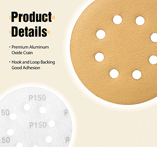 S SATC 100PCS 5 Inch Sanding Discs 60/80/120/150/220 Grits Gold Sanding Discs Hook and Loop 8 Holes Sandpaper Orbital Sander