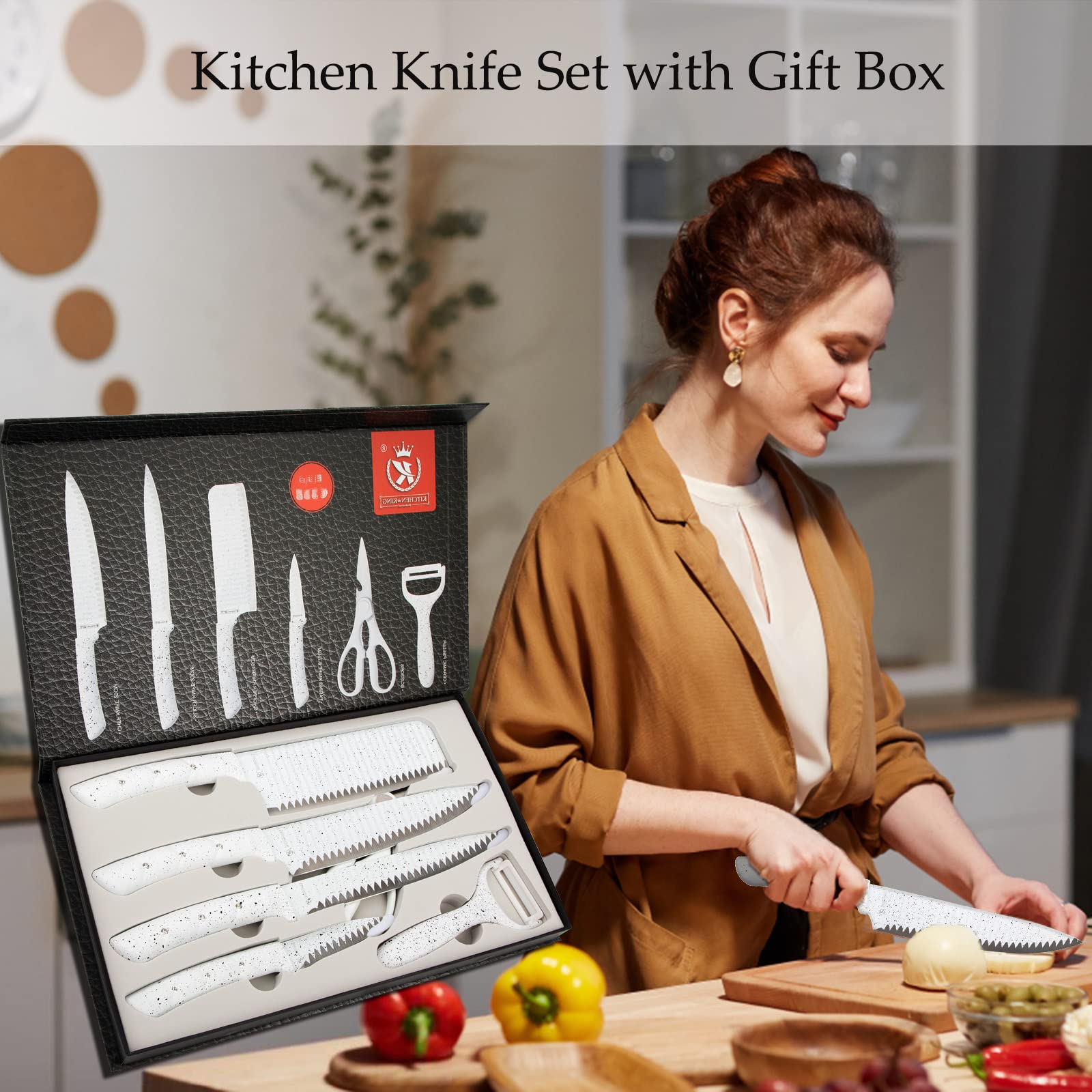 RETROSOHOO Kitchen Knife Set, 6 PC Ripple Stainless Steel Sharp Chef Knife Set with Scissors and Peeler, Non-Stick Knife Set with Non-Slip Diamond Handle Perfect for Kitchen Restaurant Home (White)