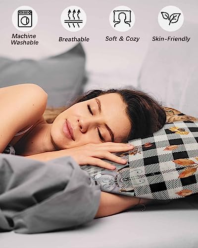 Thanksgiving Pillow Covers Standard Size Set of 2 Bed Pillow, Fall Pumpkin Cats Maple Leaf Black White Plaid Plush Soft Comfort for Hair/ Skin Cooling Pillowcases with Envelop Closure 20''x26''