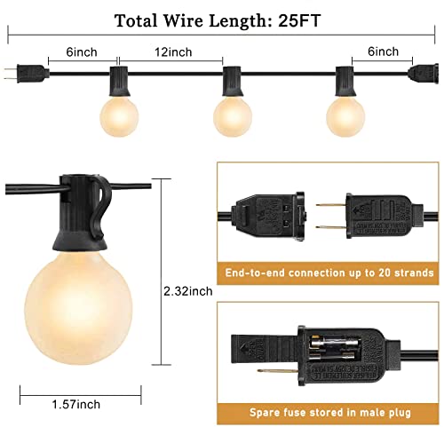 Pallerina 25Ft Frosted White String Lights with 27 G40 Globe Light Bulbs, Frosted Outdoor String Lights for Backyard Porch Balcony Party Wedding Umbrella, G40 5 Watt Bulbs E12 Base- Black Wire