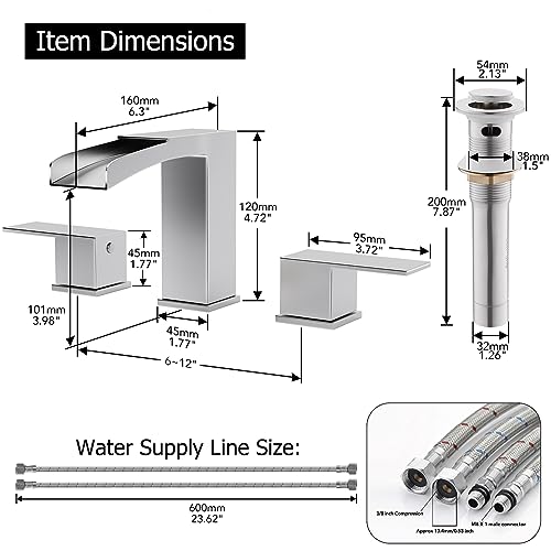 Pheistina 8-Inch Widespread Brushed Nickel 3 Holes 2 Handles Waterfall Bathroom Sink Faucet, with Metal Pop Up Drain Assembly & Cupc Water Supply Lines, NS-WF002-1-BN