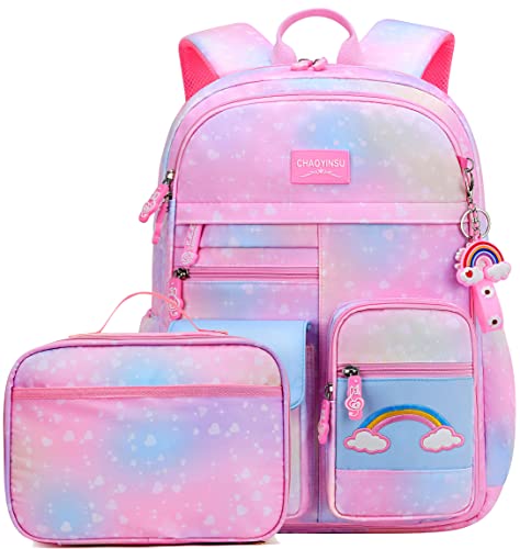 Wraifa Girls Backpack Elementary School Backpacks for Girls Cute Princess Preschool Middle School Bag Kids Bookbag (Z-Heart Pink With Lunch Box)