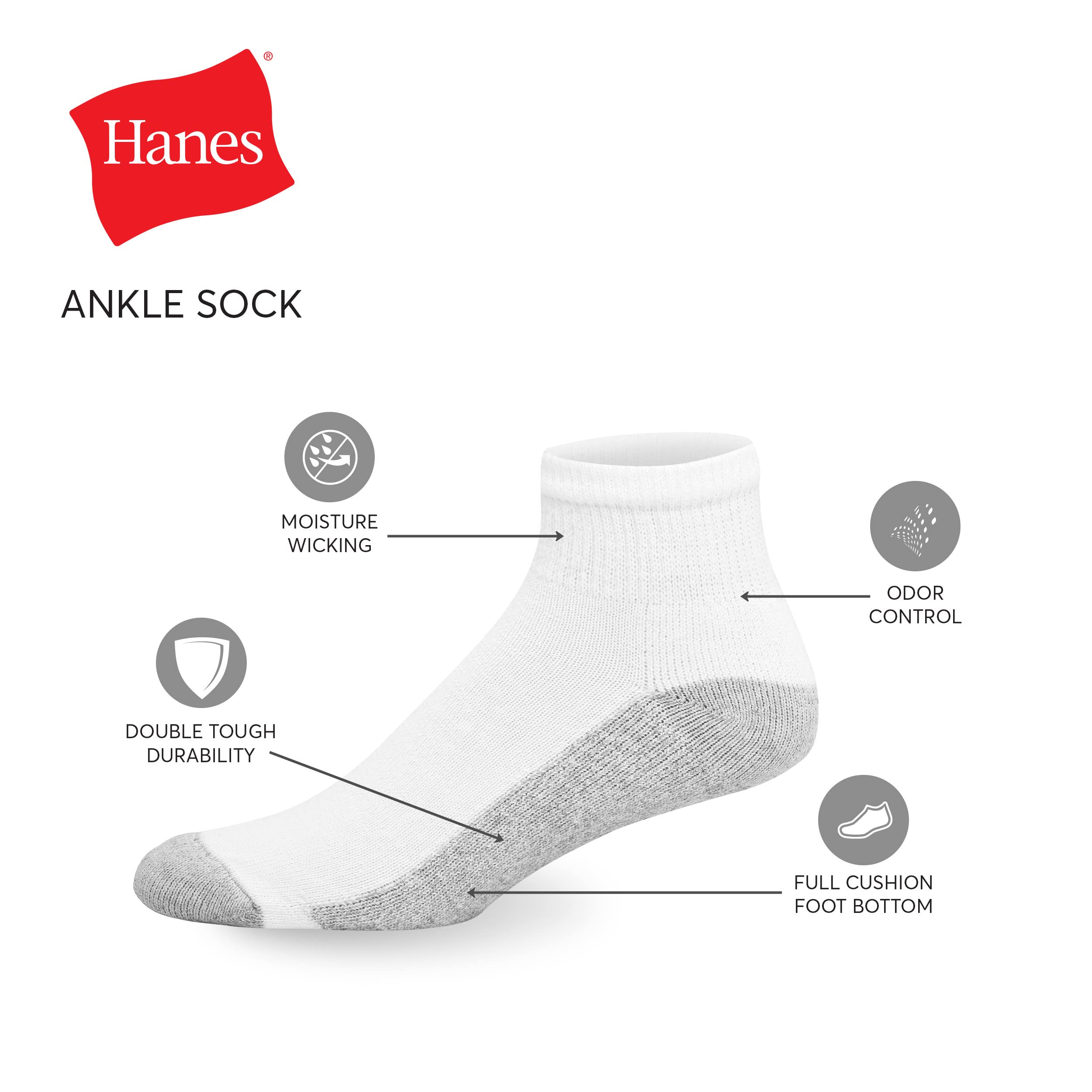 Hanes mens Double Tough Ankle Socks, 12-pair Pack Casual Sock, Black, 12 14 US