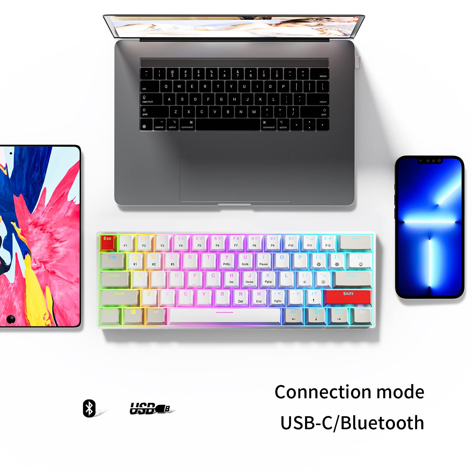 Newmen GM610 60% Mechanical Keyboard,Type-C/Bluetooth Keyboard with RGB Backlit, Hot-Swappable 61 Keys Compact Mechanical Keyboard for Mac/PC Gamer, Travel, Easy to Carry on Business Trip(Blue)