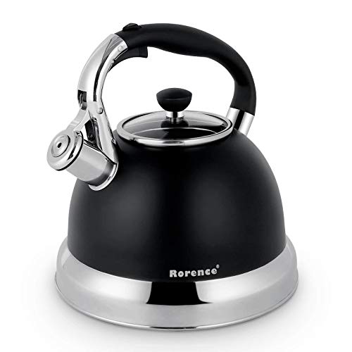 Rorence Stainless Steel Whistling Tea Kettle: 3.5 Quart Tea Pot with Capsule Bottom & Glass Lid for Stovetop - Black