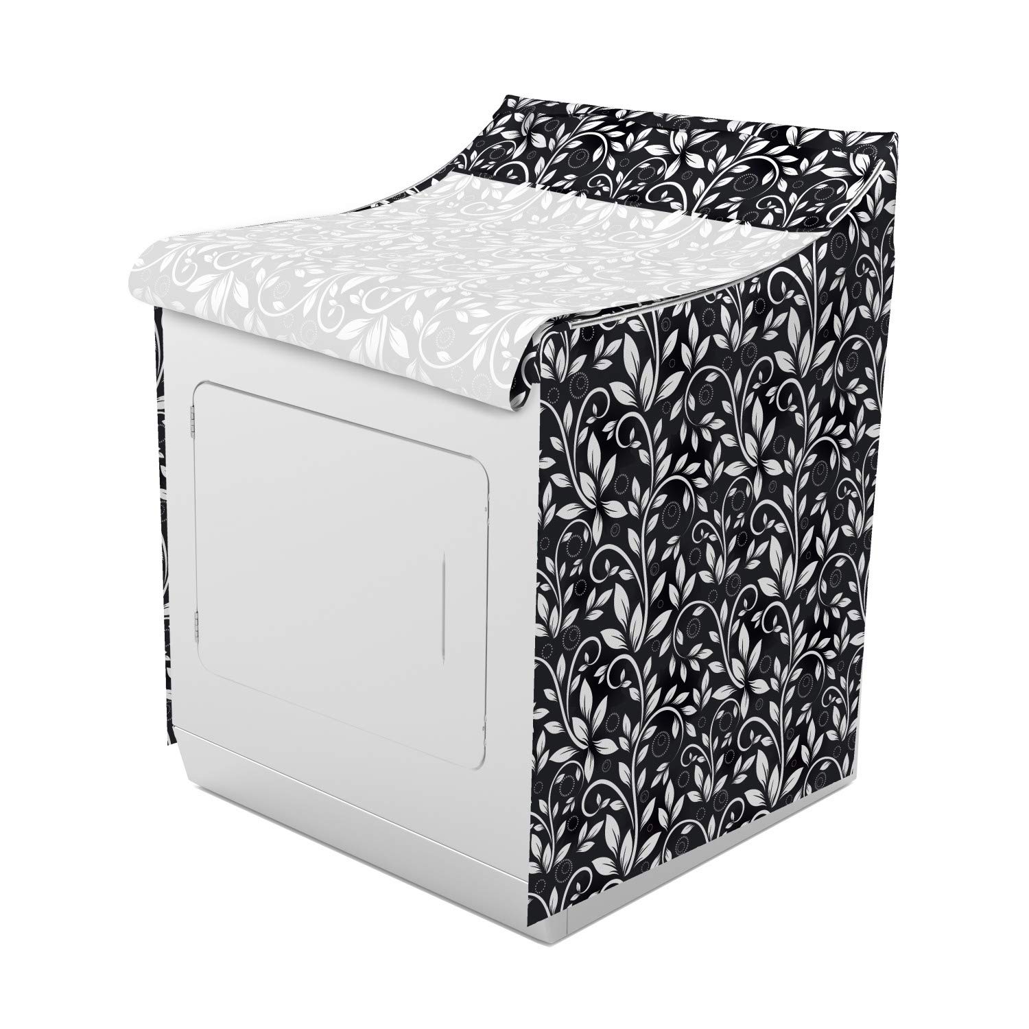 Lunarable Leaves Cover for Washer and Dryer, Botanical Illustration with Swirled Branches Foliage on Dark Backdrop, Suitable for Dryer and Washing Machine, 29" x 28" x 40", Grey Black and White