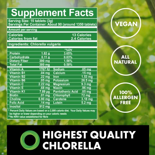 The Chlorella Company | Fermented Chlorella Tablets | Broken Cell Wall | 1,350 Tablets | Chlorophyll | Supergreens | Gluten-Free | Vegan | Non-GMO