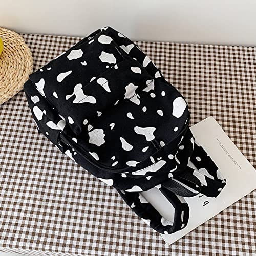 School Starts Season Fashion Women Girl Student Zipper Cow Pattern School Bag Canvas Backpack Pug (Black, One Size)