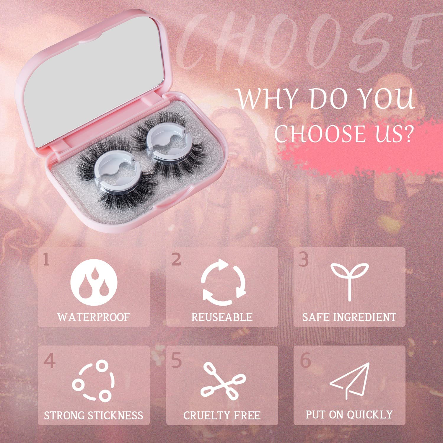 Reusable Self Adhesive Eyelashes,14-20MM 2styles Mink Wispy Cat Eye Lashes Fluffy Curly Natural Look, Russian Strip False Lashes No Glue, Safe Waterproof Fake Lashes Easy to Put On