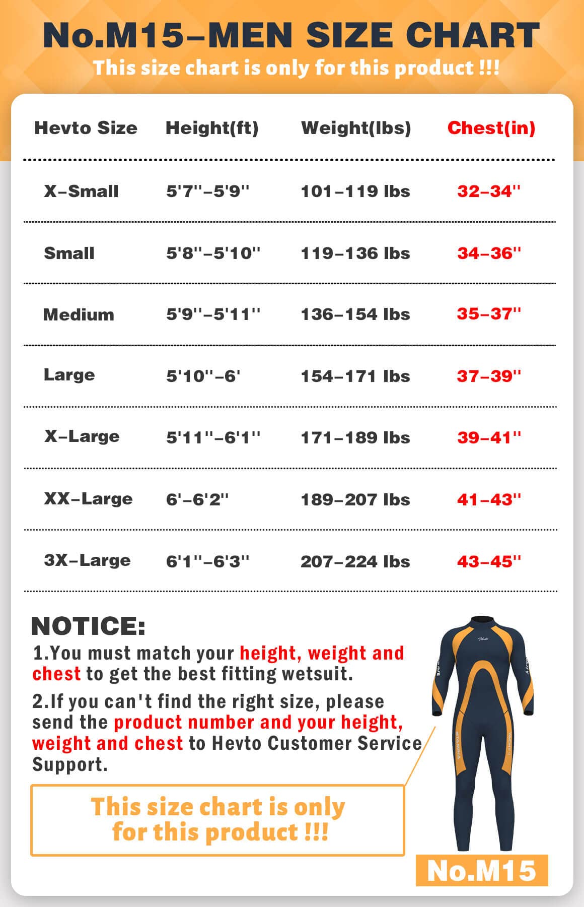 Hevto Wetsuits Men 3/2mm Neoprene Surfing Swimming Full Scuba Diving Suits Keep Warm for Water Sports (M15-Orange, XL)