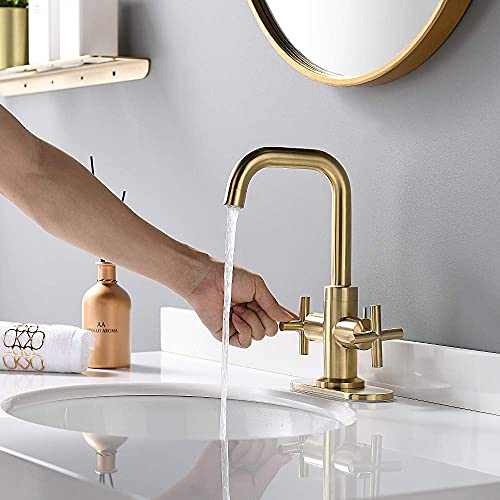 Phiestina Brushed Gold 2-Handle 4 Inch Centerset Bathroom Faucet with Drain,Deck Plate and Supply Hoses, Fit for 1 or 3 Hole, SGF002-10-BG