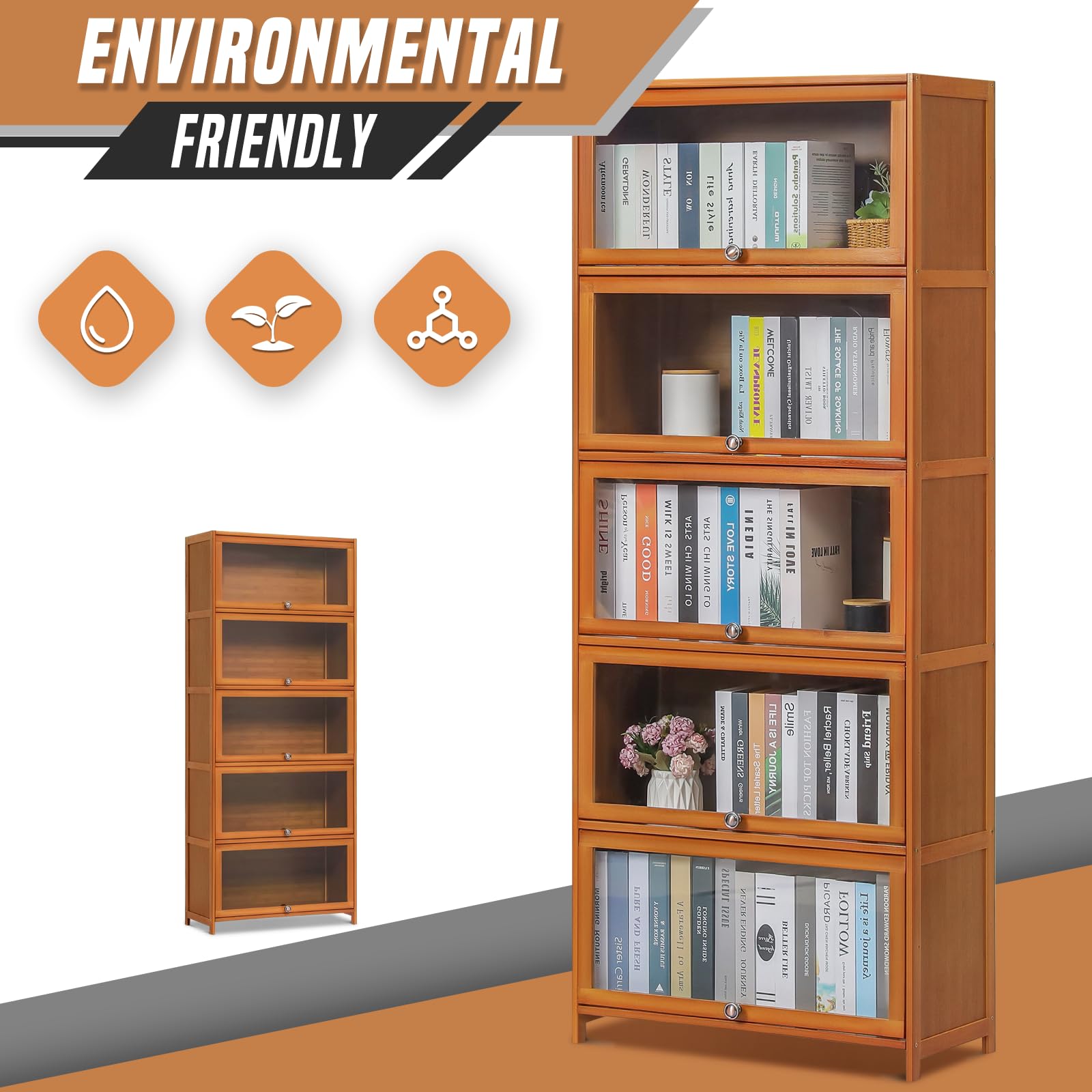 SFIHOME 68" H Bamboo Bookcase with Acrylic Doors, 5 Tier Free Standing Tall Book Shelf Storage Cabinet, Corner Bookshelf Display Organizer for Living Room Office Home, Brown