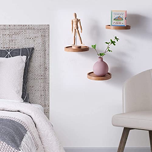 Round Floating Shelves, 3 Pack Solid Oak Deep Floating Shelves for Wall 6'' Diameter Circle Small Plant Shelves Wall decorfor Bedroom, Living Room, Kitchen