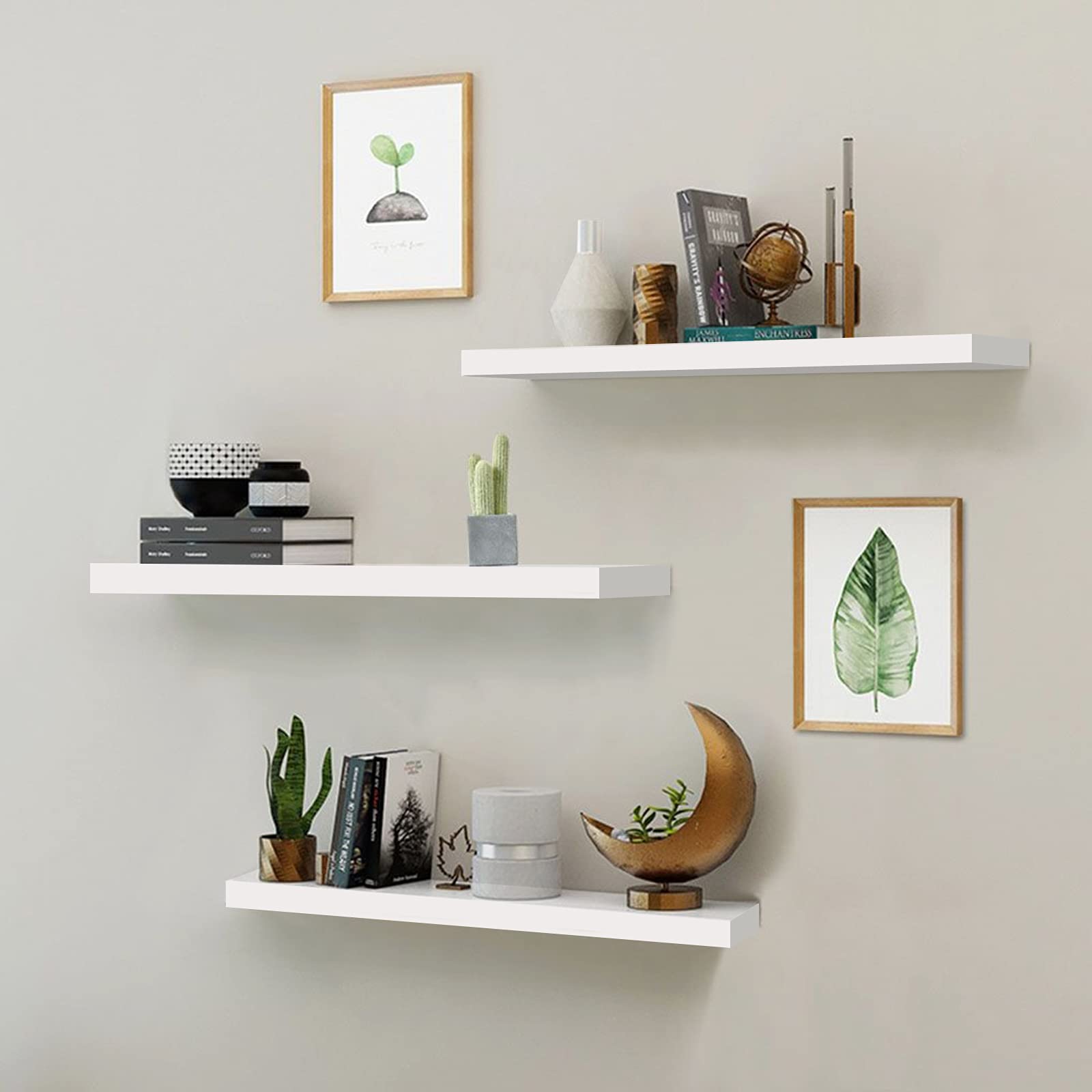 White Floating Shelves Set of 3,Wall Mounted Modern Wood White Floating Wall Shelves Storage Shelf for for Wall Decor, Bedroom, Living Room, Kitchen,Bathroom(White, Set of 3, 17in)