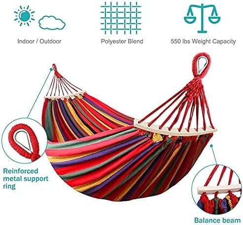 Outerman 275 x 155 cm Camping Hammock, Hammocks Thickened Durable Canvas Fabric with 550lb Load Capacity, Two Anti Roll Balance Beam and Sturdy Metal Knot Tree Straps for Travel, Beach, Backyard etc.