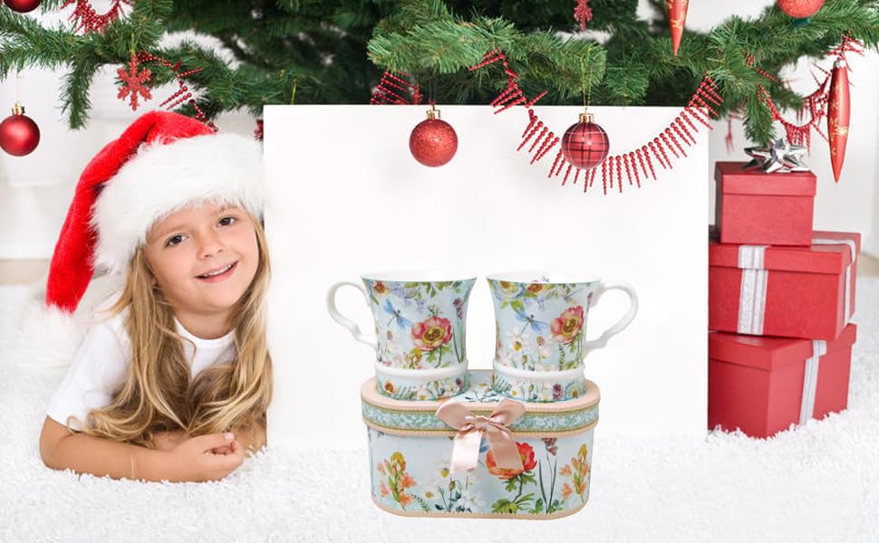 Lightahead® Elegent Bone China Unique Set Of Two Coffee Mugs 10 oz each cup set in attractive gift box elegant floral design