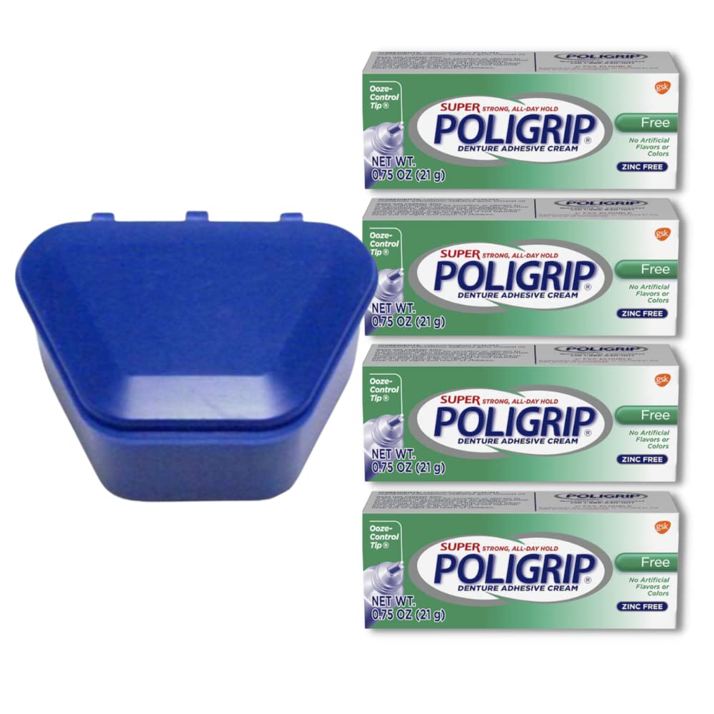 Polident Super Poligrip Denture Adhesive Bundle: 4 (Four) 0.75oz Tubes and 1 Chevaux Brand Denture Bath