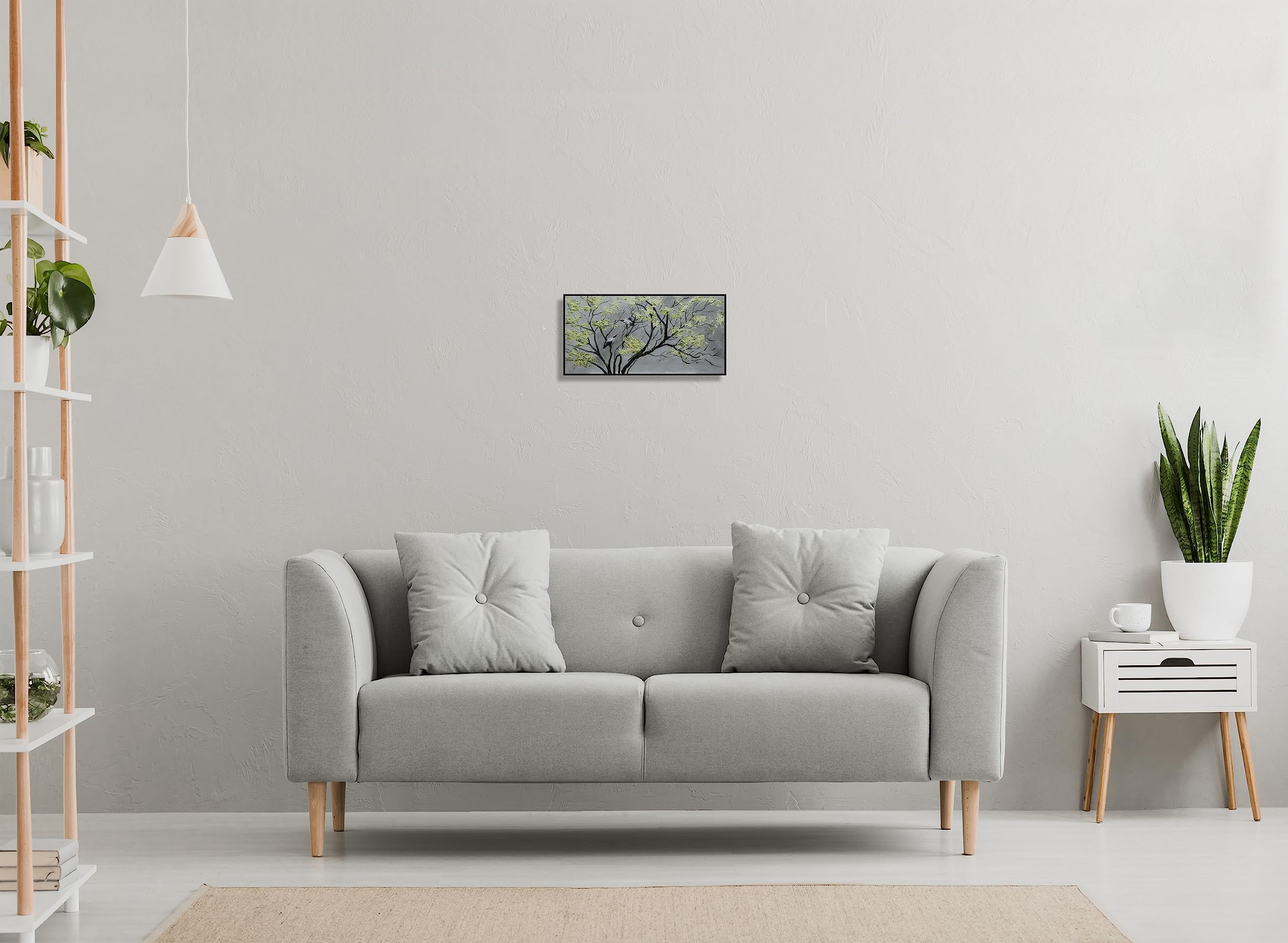 Hand Painted Oil Painting Canvas Wall Art Abstract Black & White Birds on Tree Front Load Frame 10x20" Extra 1/4" Slim 0.71" Height Wood Moulding 3D Brushstroke for Home Decor Office Living Bed Dining