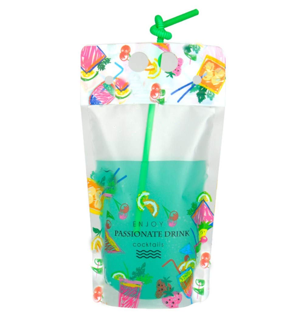 LASLU Zipper Clear Stand-Up Pouches Bags with Plastic Straw,8mil Heavy Duty Hand-held Drinking Bags 1.5" Bottom Gusset, 100 Pack (400ml, Fruits)