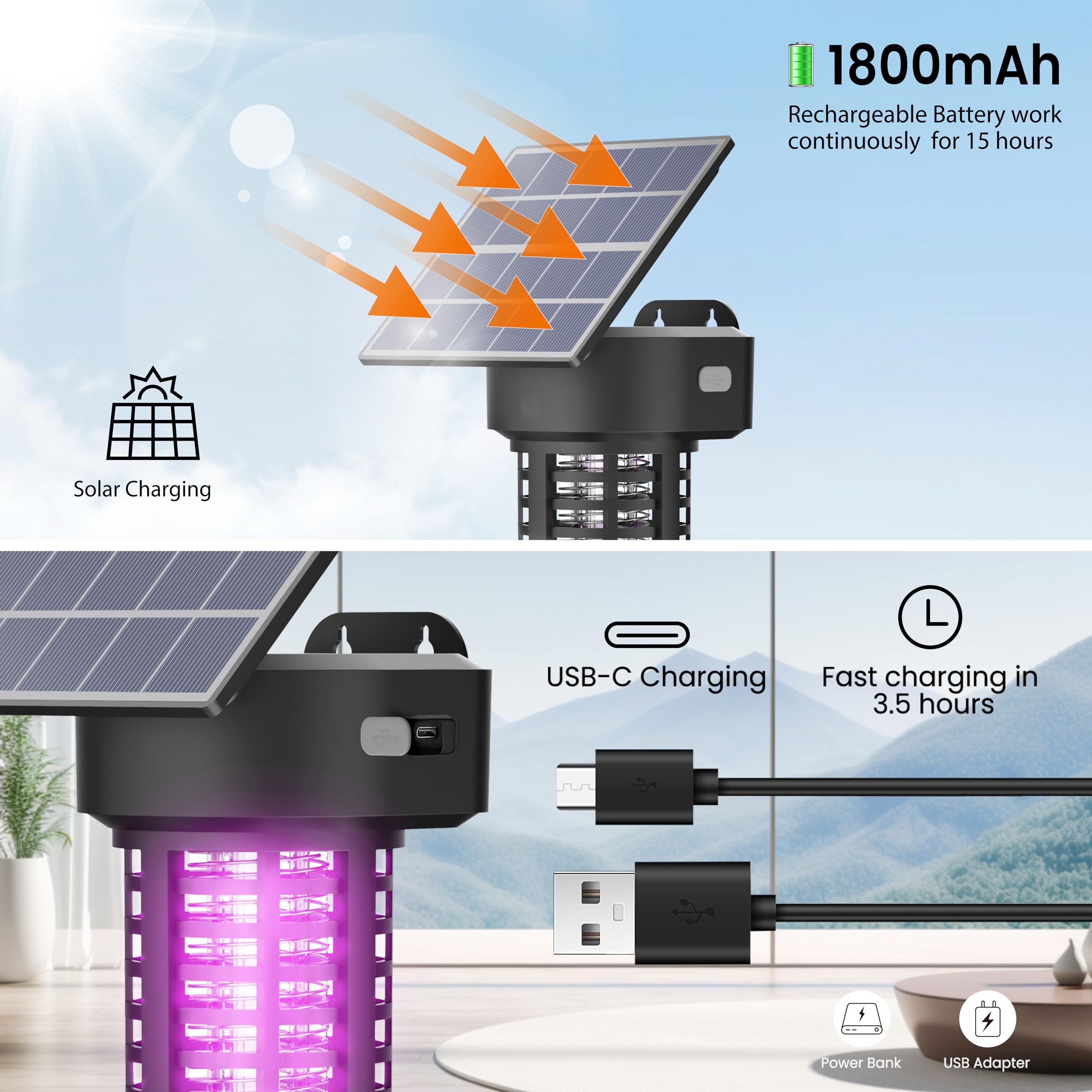 Solar Bug Zapper Outdoor 2 Pack, Garden Mosquito Zapper Waterproof & Cordless & Rechargeable & Auto On/Off,Flying Insect Zapper Mosquito Killer Lamp Mosquito Catcher Decorative Light for Patio