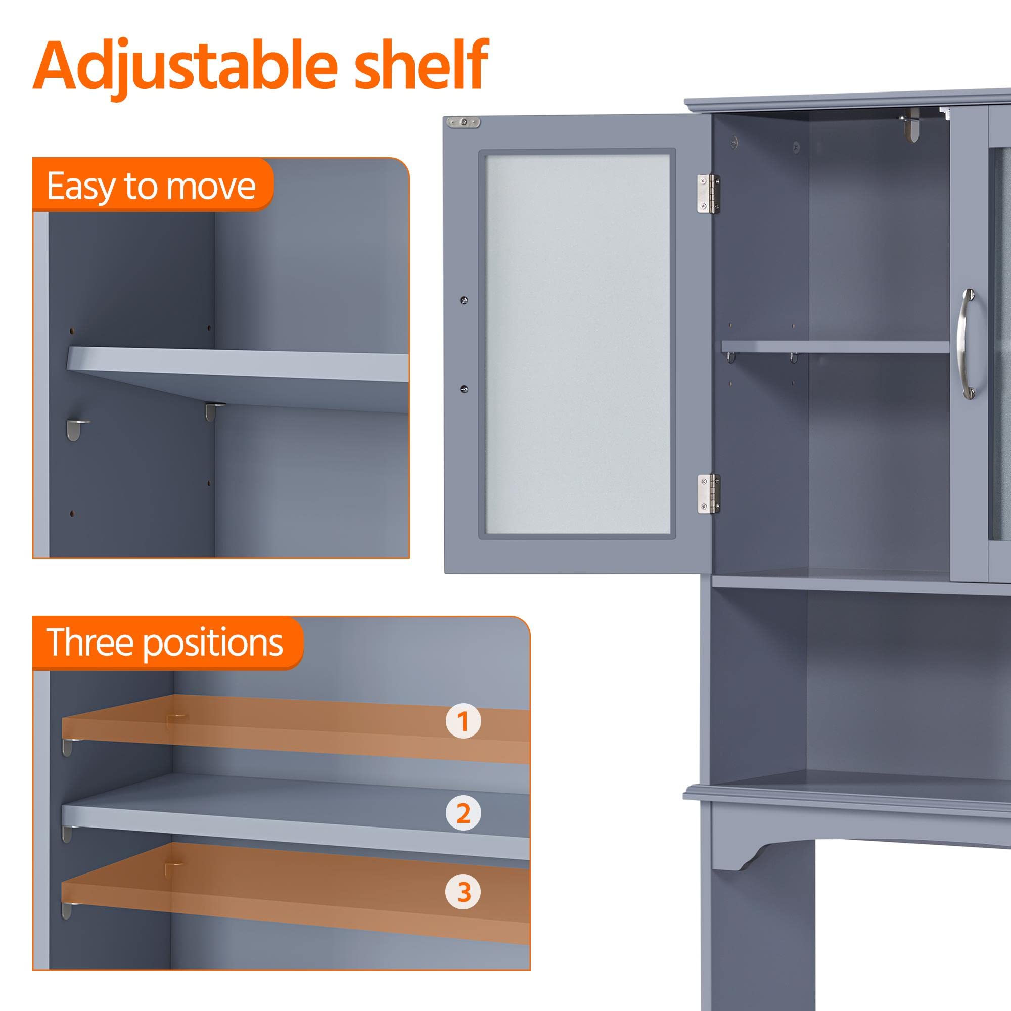Yaheetech Over The Toilet Storage Cabinet, Free Standing Toilet Rack with Adjustable Shelves and Tempered Glass Doors for Bathroom Washroom, Grey