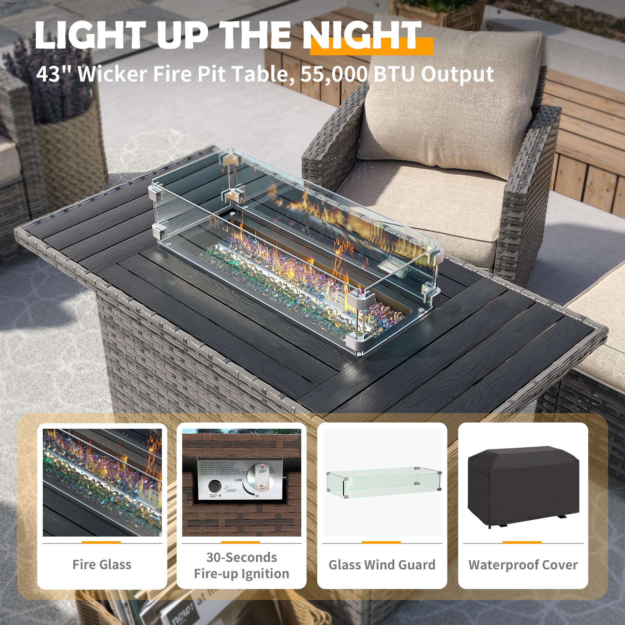 UDPATIO Patio Furniture Set with 44" Fire Pit Table, 8 Pieces Outdoor Sectional Conversation Sets, All-Weather Wicker Rattan Sofa Ottoman with 4" Thick Cushion for Garden Backyard Deck, Light Blue