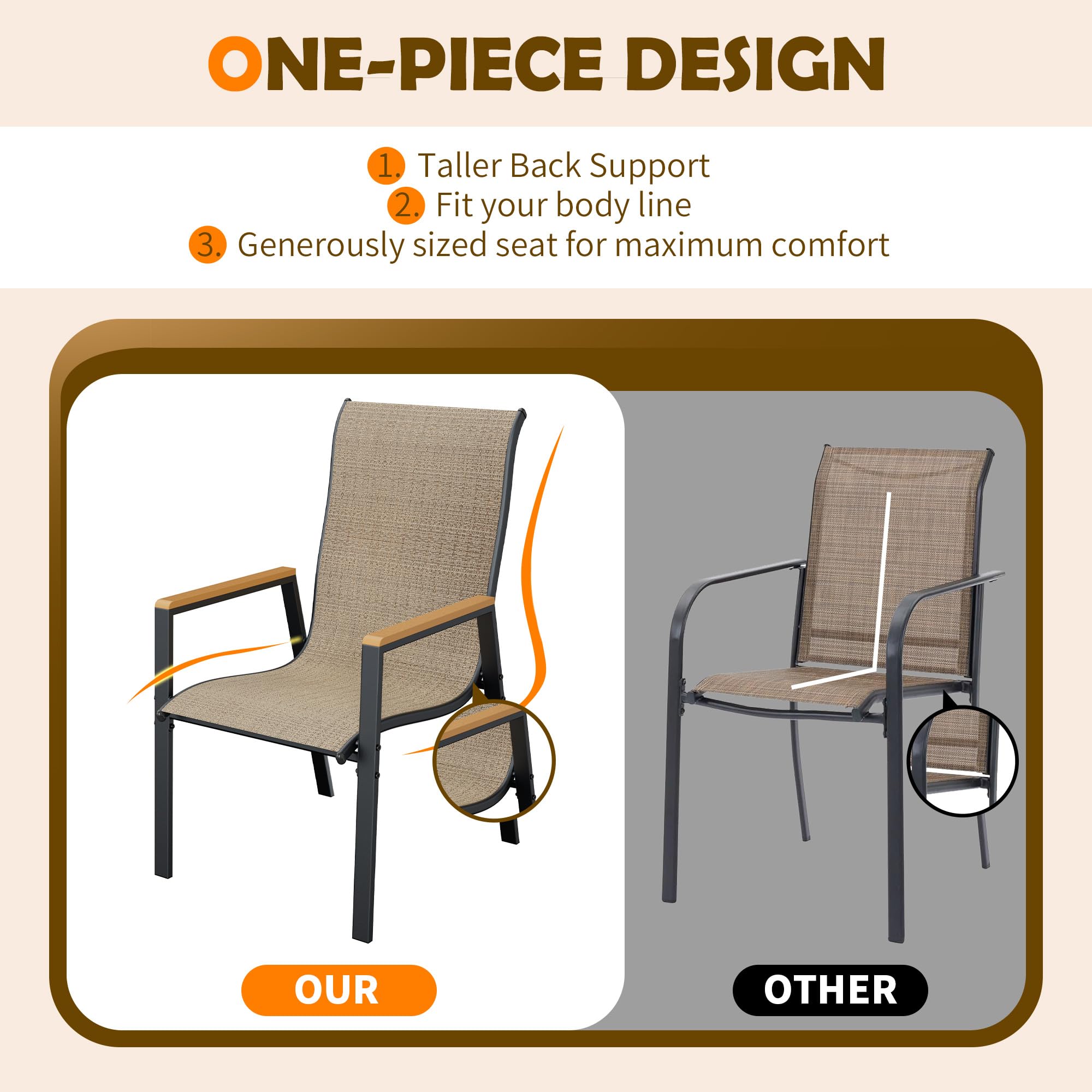 UDPATIO Stackable Patio Chairs Set of 4, Outdoor Stackable Dining Chairs with High Back, Patio Dining Chairs with Armrest for Lawn Backyard Deck, Brown