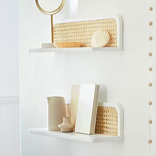 TEPLEDGE White Floating Shelves - Set of 2, Rattan Wall Mounted Hanging Shelves, Decorative Storage Shelves for Bathroom, Kitchen, Living Room & Bedroom