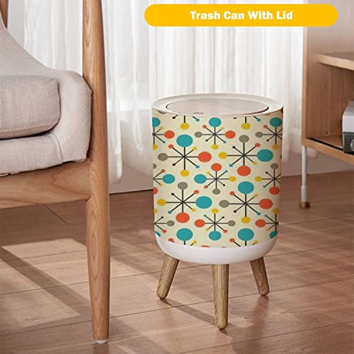 Small Trash Can with Lid Mid century fifties modern atomic retro colors seamless Part of Wood Legs Press Cover Garbage Bin Round Simple Human Waste Bin Wastebasket for Kitchen Bathroom Office