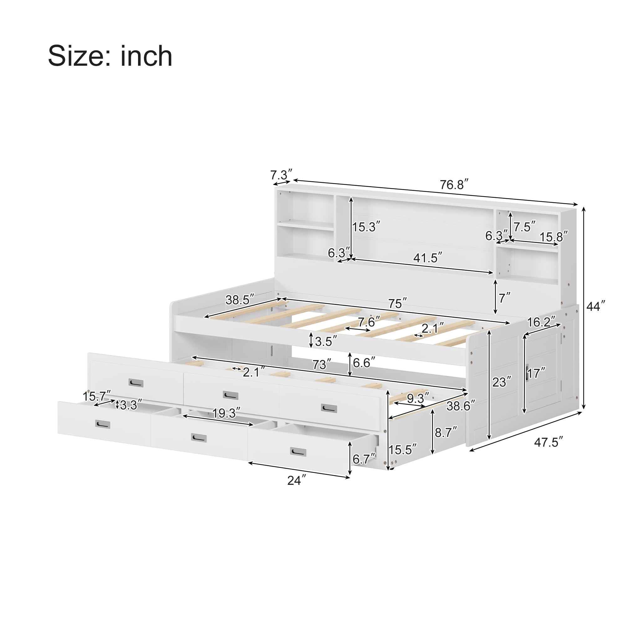SOFTSEA Twin Size Daybed with Storage and Trundle, Twin Captain Bed with Bookcase Headboard and 3 Drawers, Wooden Daybed with Storage and Trundle Bed for Kids Teens Guests, White