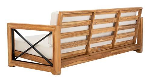 Safavieh CPT1010A Couture Curacao Brazilian Teak Outdoor 3-Seat Patio Sofa, Natural/White