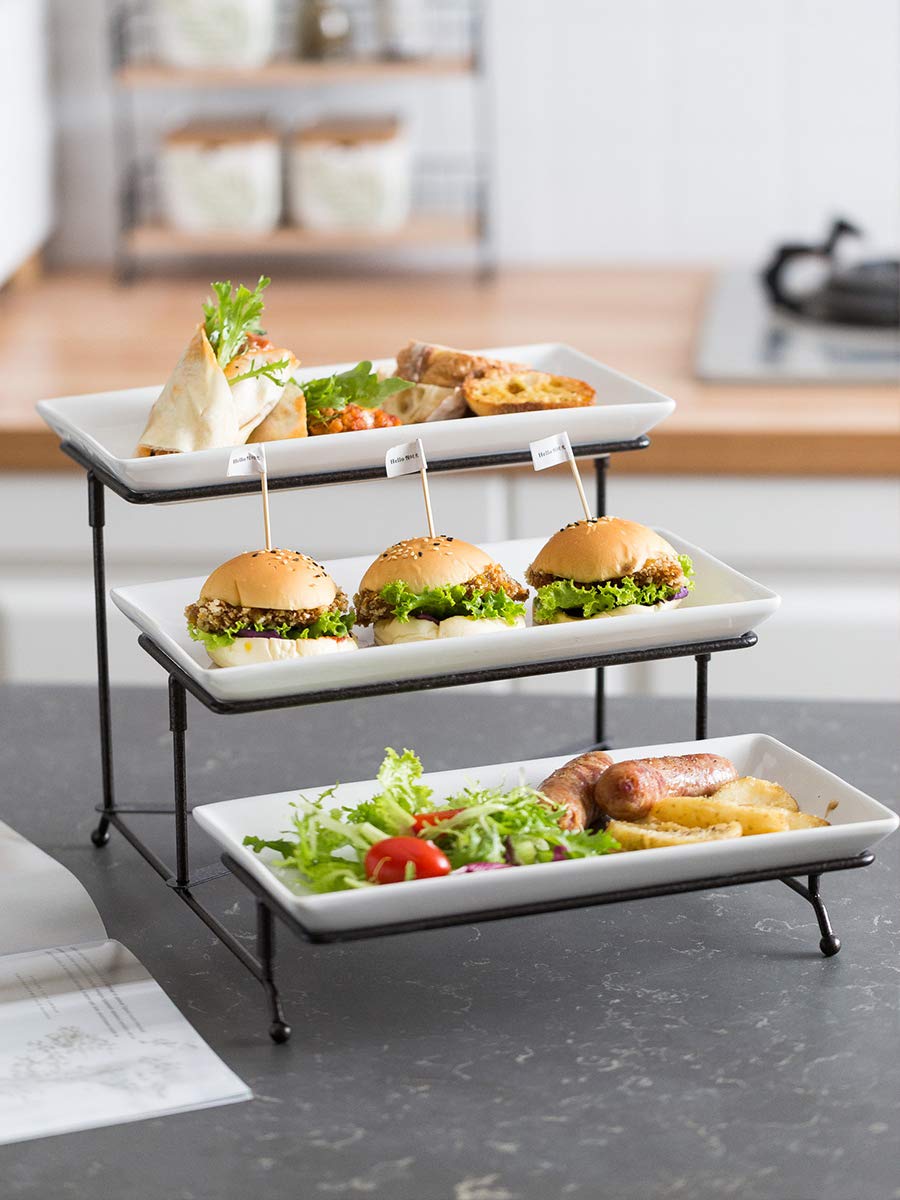 LAUCHUH 3 Tier Serving Stand Collapsible Sturdier Rack with 3 Porcelain Serving Platters Tier Serving Trays for Fruit Dessert Presentation Party Display Set