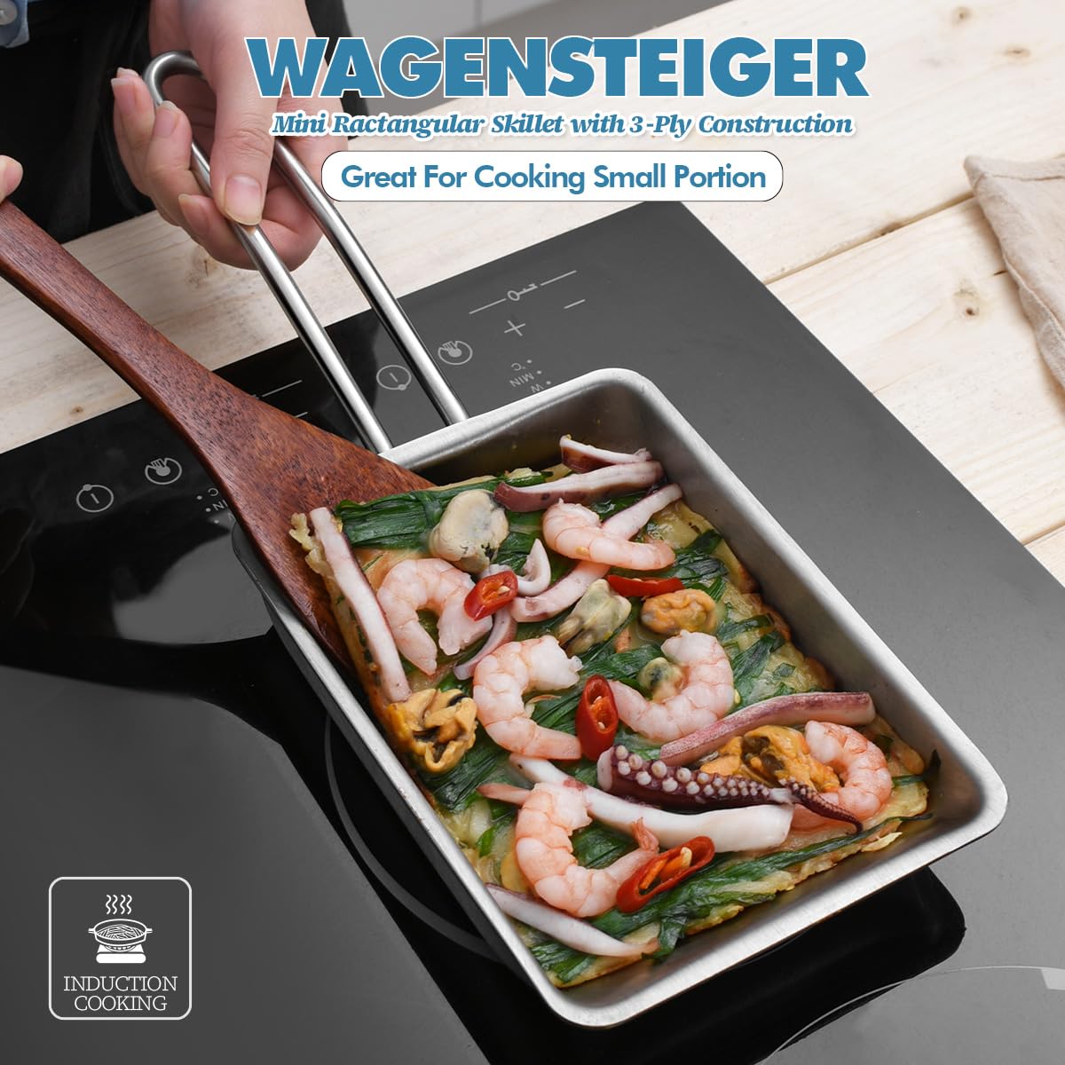 WAGENSTEIGER Stainless Steel Fry Pan, 3-Ply Reinforced Body, Rectangular Omelet Pan, Oven & Dishwasher Safe, Induction Compatible, Portable Camping Cookware, Mini or Small Size (14.2Lx5.5WX1.3H inch)