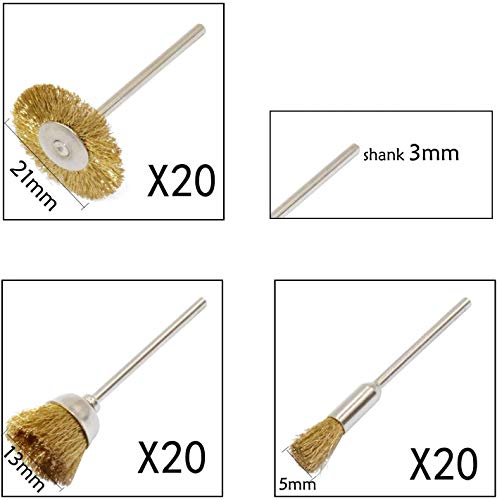 PHYHOO Brass Wire Brushes Cup Wheels Polish Cleaning Brush Kit Polishing Attachment Die Grinder Rotary Tools Accessories 3 MM Mandrel 60 Pieces