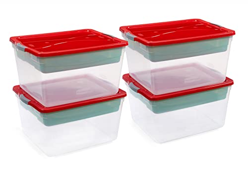 Rubbermaid Cleverstore Clear Holiday 71 Qt Bins with Tray Inserts, Built-In Handles to Maximize Storage, Great for Holiday Decor, Clear Base, Red Lid with Green Tray, Pack of 4