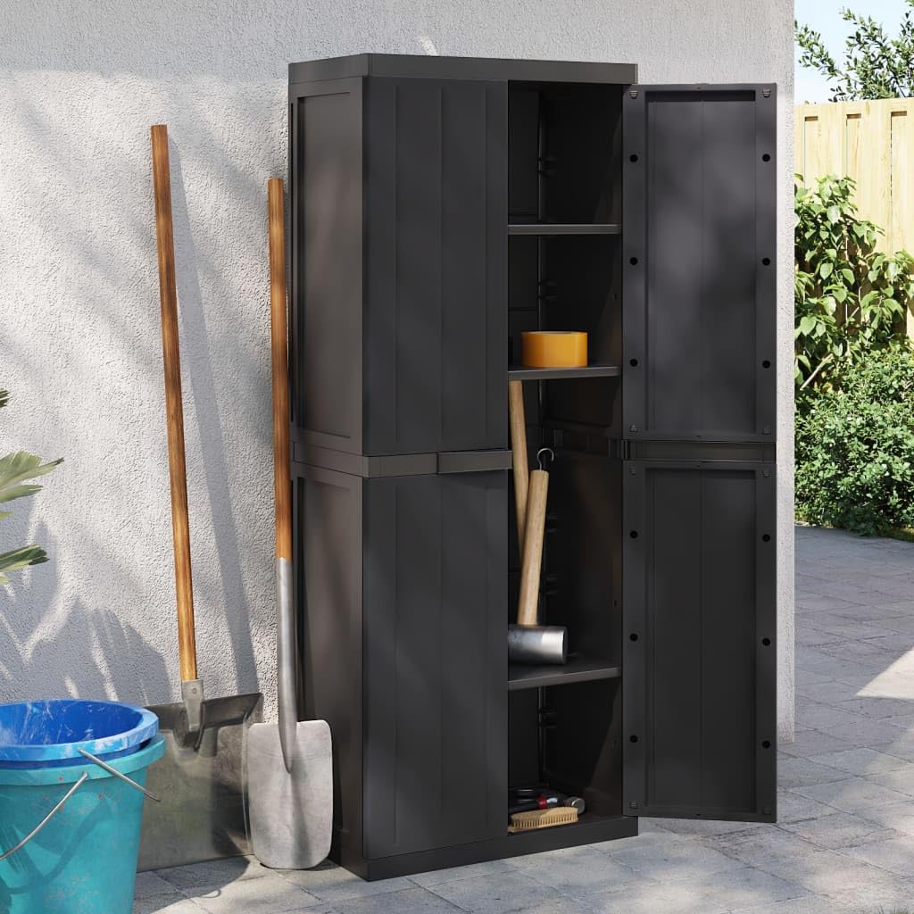 vidaXL Outdoor Storage Cabinet Black PP 25.6"x14.6"x65" - Weather-Resistant Utility Cupboard with Adjustable Shelves and Lockable Doors for Garden, Patio, and Balcony
