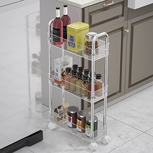 TESOIN Slim Rolling Storage Cart, 3 Tier Mobile Multipurpose Kitchen Shelf Organization Slide Out Narrow Cart, Great for Kitchen Bathroom Warehouse and More Laundry Narrow Places (Clear)