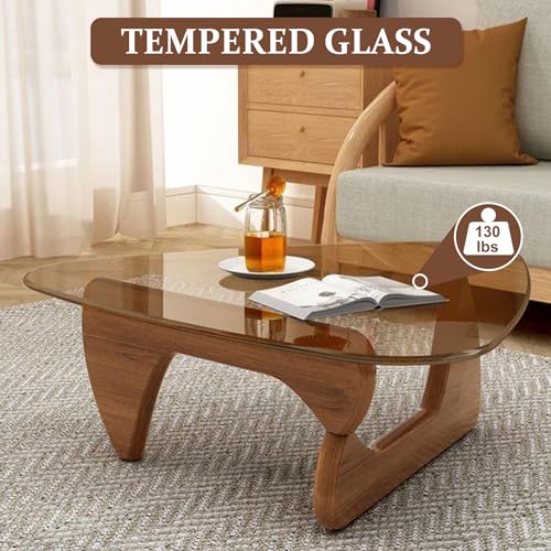 Triangle Glass Coffee Table-Mid-Century Modern End Table Solid Wood Base and Vintage Tempered Transparent Glass Top Coffee Tables Living Room Balcony (Walnut/Brown, Small 32.2 * 22.4 * 16in)