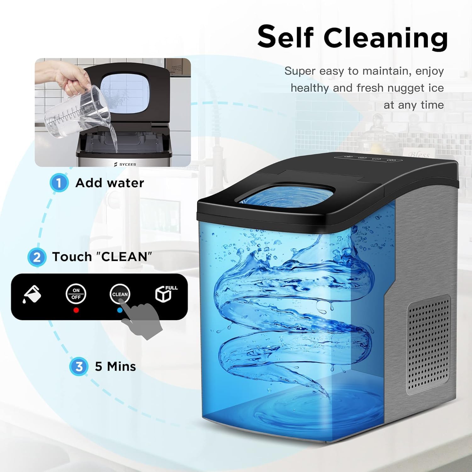 SYCEES 33lbs/24h Portable Nugget Ice Maker for Countertop, 5lbs Ice Storage, Pellet Ice Ready in 10 Mins, Self-Cleaning, Touch Control, Stainless Steel Sonic Ice Machine for Home, Bar, Office