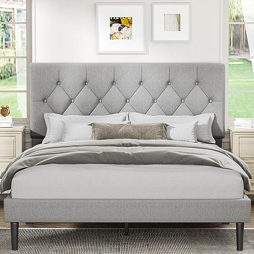 Queen Size Platform Bed Frame with Upholstered Headboard, Button Tufted Design, No Box Spring Needed, Light Grey