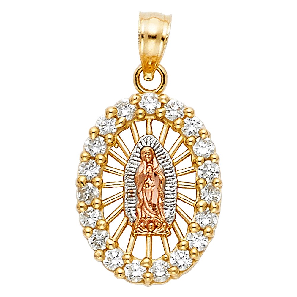 GoldenMine Fine Jewelry Collection 14k Tri Color Gold CZ Religious Our Lady of Guadalupe Pendant