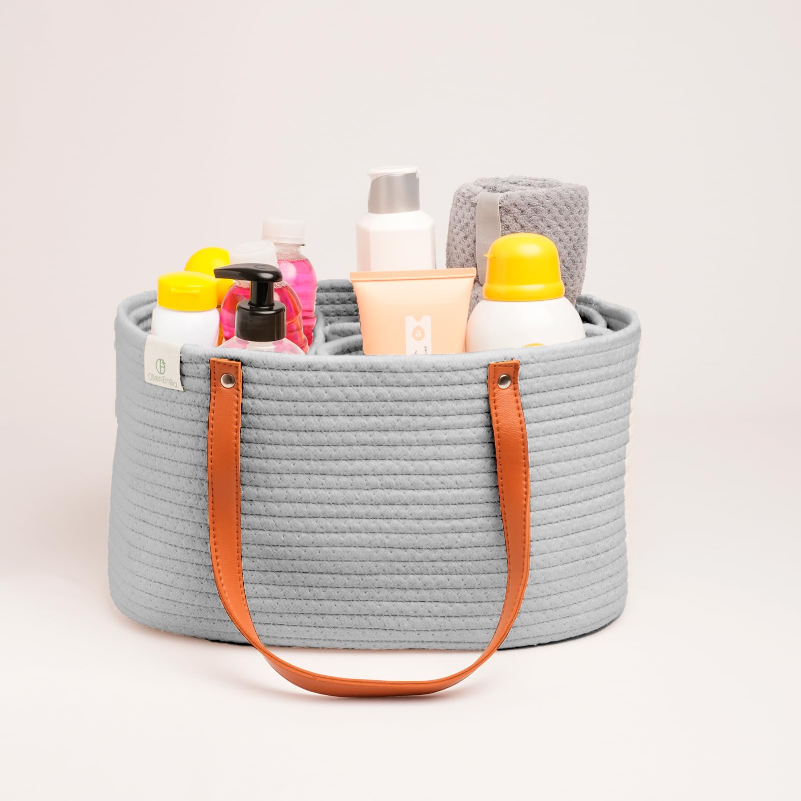 Oliver & Emilia Storage Basket – Portable Small Decorative Woven Cotton Rope Organizer - Leather Handle & Three Removable Bins for Toy, Baby Gift, Laundry, Living Room, Nursery, Towel, Blanket - Grey