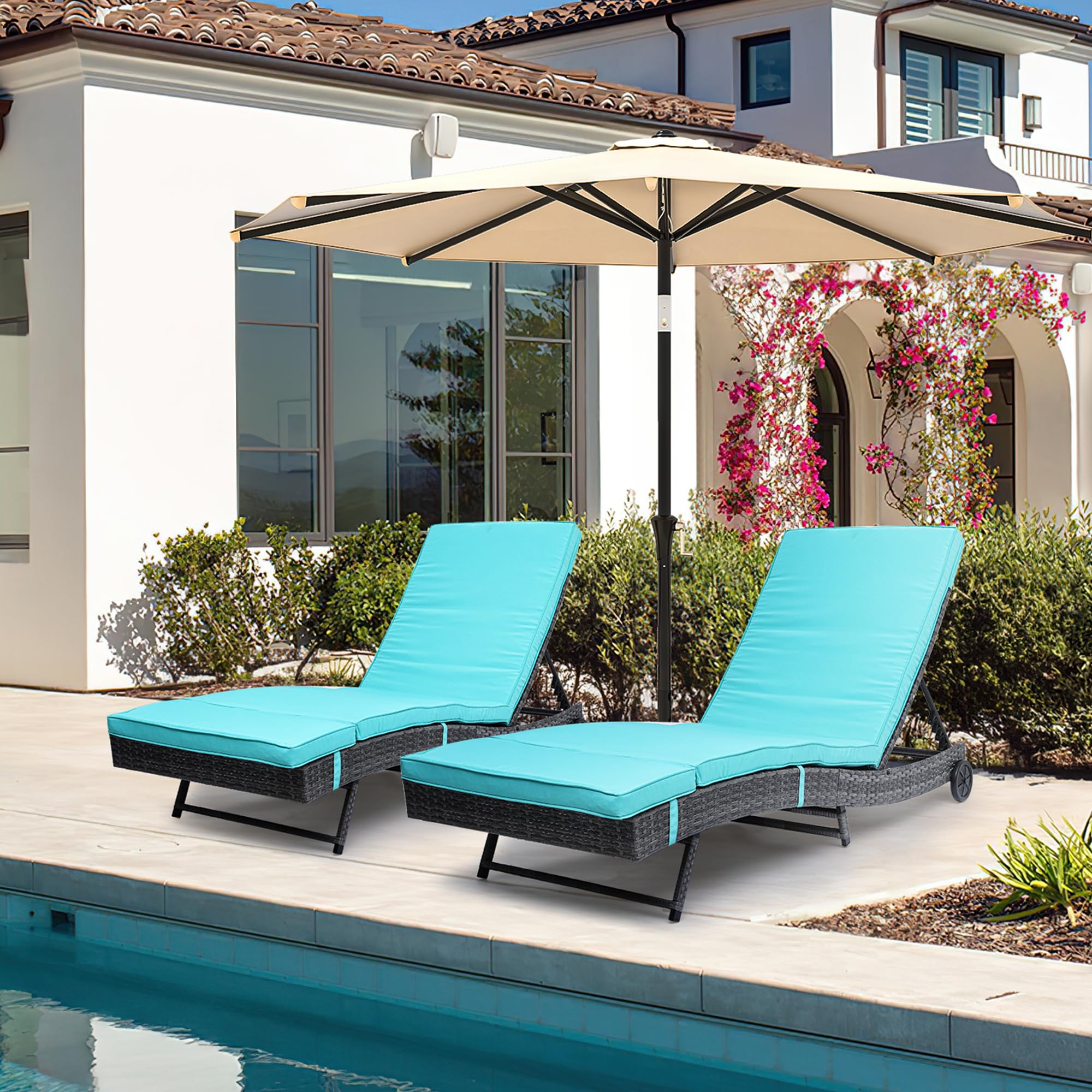 YITAHOME Wicker Chaise Lounge Outdoor PE Rattan Pool Lounge Chair with Adjustable Backrest and Removable Cushion & Wheels for Poolside Deck Balcony Lawn