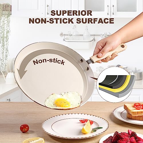 Zalnuuk Crepe Pan, 10 Inch Dosa Pan with Spreader, Nonstick Dosa Tawa for All Stove, Tortilla Pan with Detachable Handle, White Pancake Pan