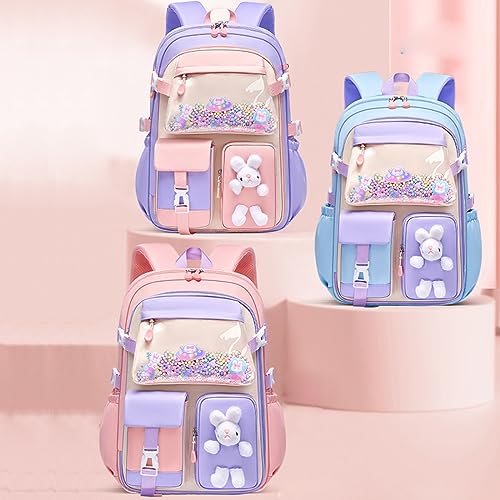 Wellhoope Kawaii Big Capacity Backpack Personalized Name Cute Aesthetic Backpack Bunny Outdoor Daypack Casual Travel Bag Laptop Backpack Pink Blue Black Purple Green